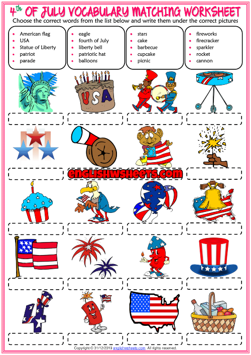 4th of July ESL Matching Exercise Worksheet For Kids