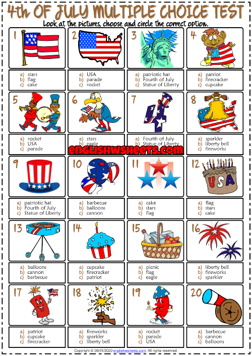 4th of July ESL Printable Multiple Choice Test For Kids