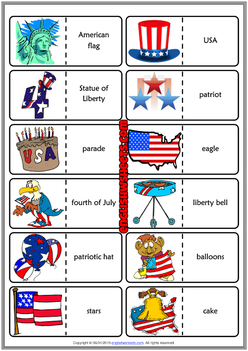 4th of July ESL Printable Dominoes Game For Kids
