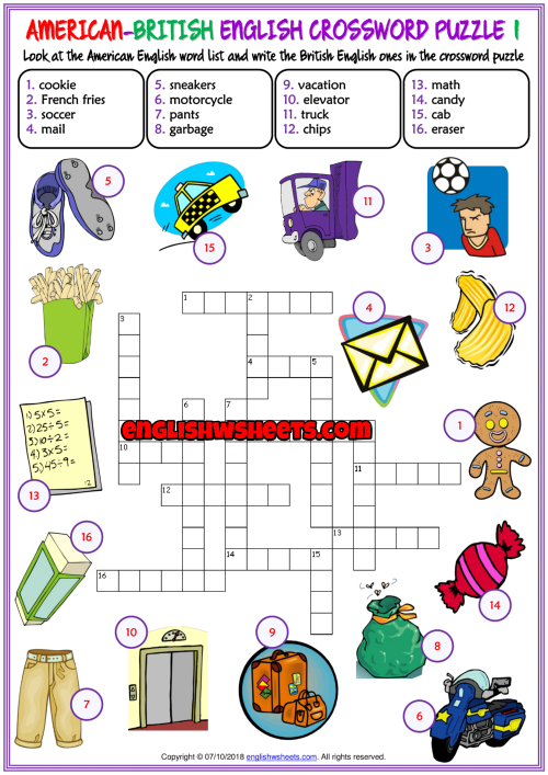 American British English ESL Crossword Puzzle Worksheets American British English ESL Crossword Puzzle Worksheets