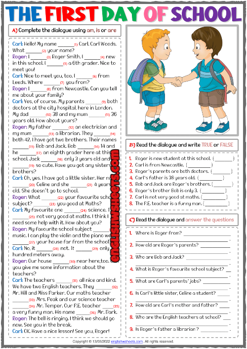 Am Is Are ESL Dialogue Comprehension Exercises Worksheet