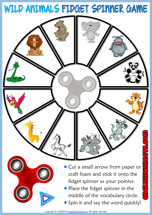 Animals ESL Printable Fidget Spinner Game For Kids