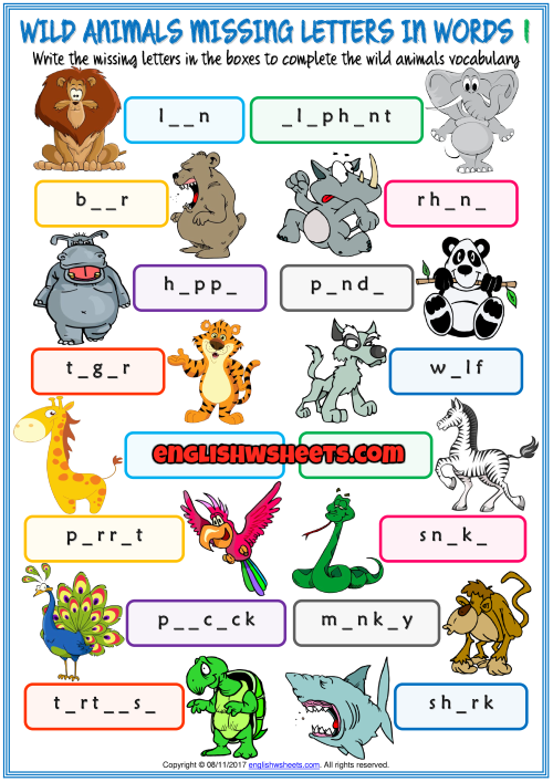 Animals ESL Missing Letters In Words Exercise Worksheets