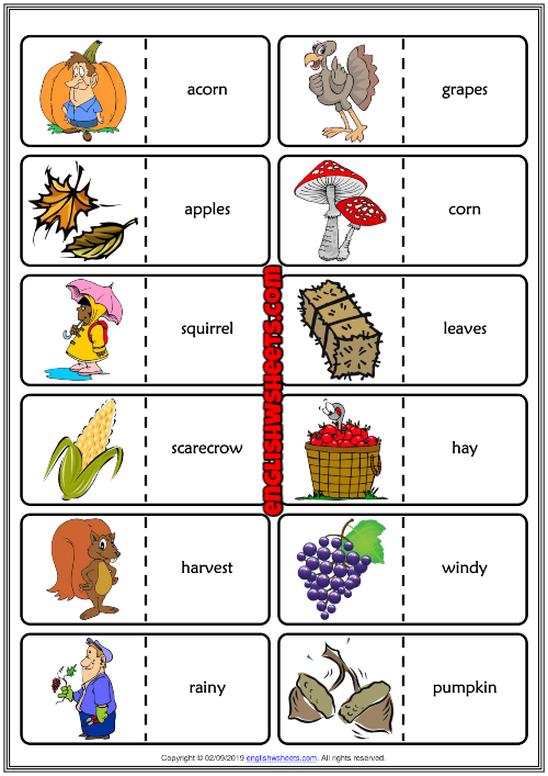 Autumn ESL Printable Dominoes Game For Kids