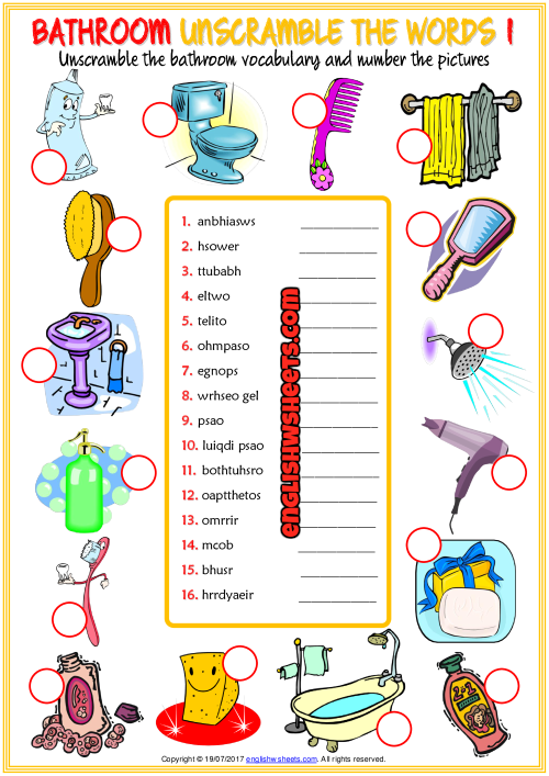 Bathroom Objects ESL Unscramble the Words Worksheets