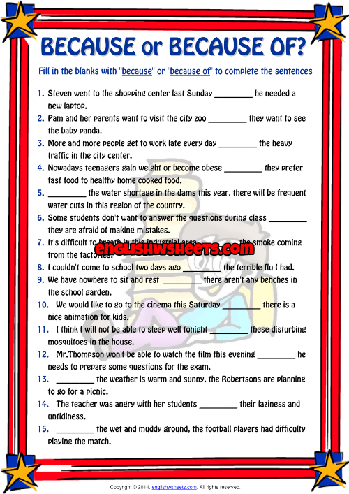 Because or Because of ESL Grammar Exercise Worksheet