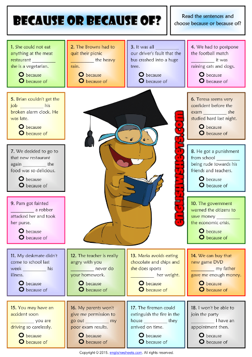Because or Because of Multiple Choice Questions Worksheet