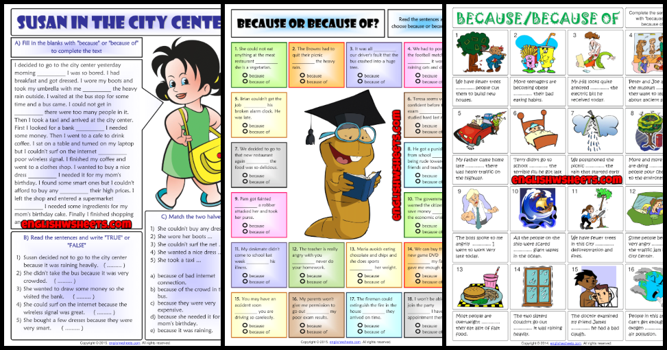 Because and Because of ESL Printable Worksheets and Exercises