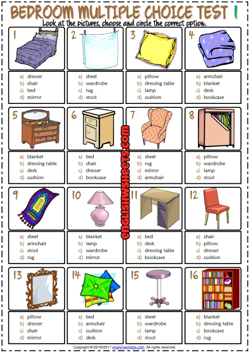 Bedroom Objects ESL Printable Multiple Choice Tests