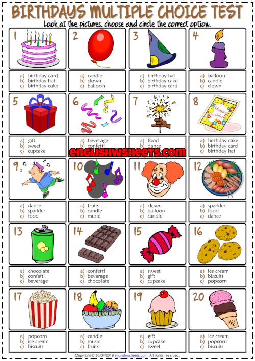 Birthdays ESL Printable Multiple Choice Test For Kids