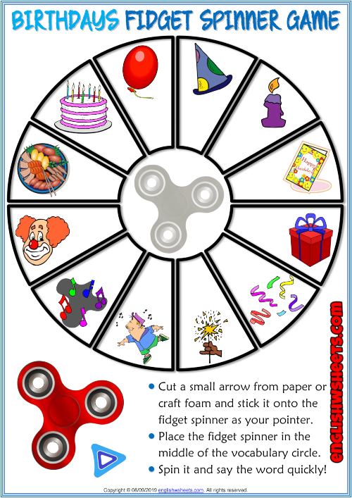 Birthdays ESL Printable Fidget Spinner Game For Kids