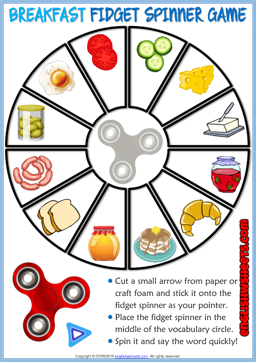 Breakfast ESL Printable Fidget Spinner Game For Kids
