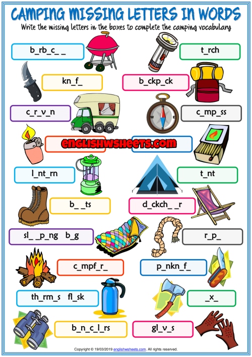 Camping ESL Missing Letters In Words Exercise Worksheet