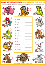 Chinese Zodiac Signs ESL Vocabulary Worksheets