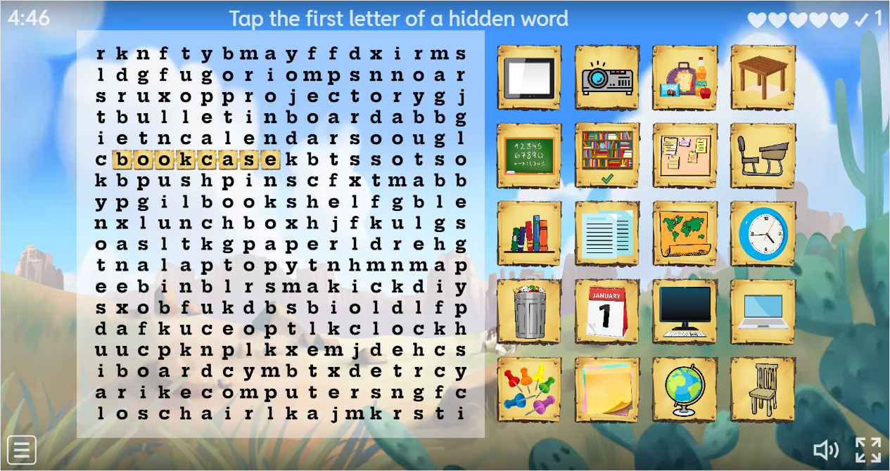 Classroom Objects ESL Interactive Wordsearch Puzzle