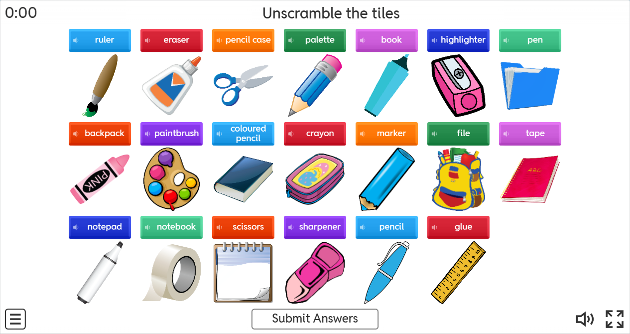 Classroom Objects Interactive Unscramble Worksheet