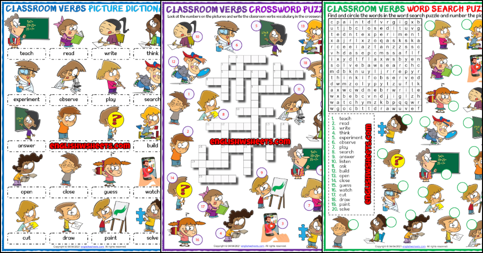Classroom Verbs ESL Vocabulary Worksheets