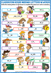 Classroom Verbs ESL Vocabulary Worksheets