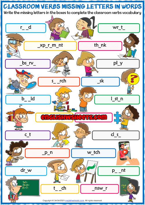 Classroom Verbs ESL Missing Letters In Words Exercise Worksheet
