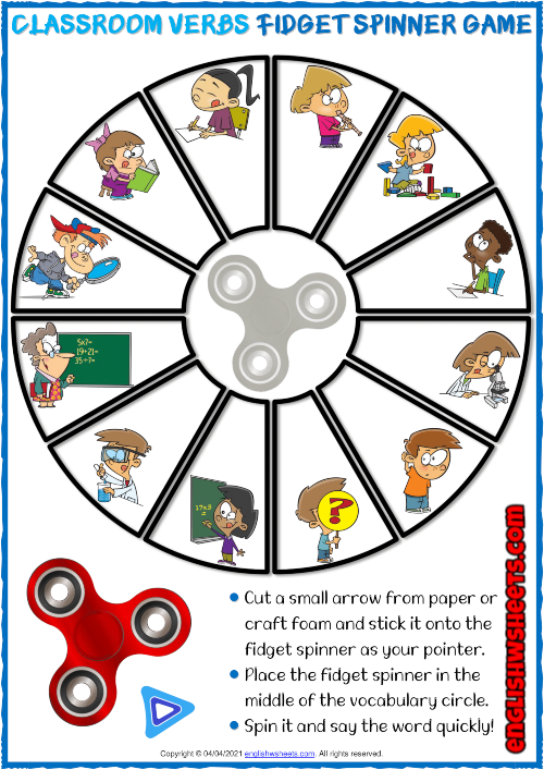 Classroom Verbs ESL Printable Fidget Spinner Game For Kids