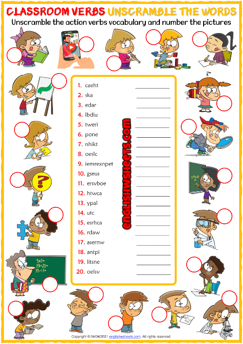 Classroom Verbs ESL Unscramble The Words Worksheet