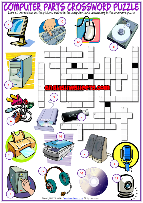 Computer Parts ESL Crossword Puzzle Worksheet For Kids