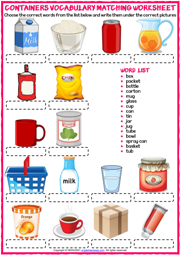 Containers ESL Vocabulary Worksheets