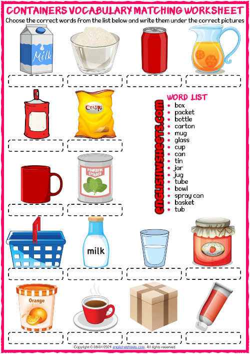Containers ESL Vocabulary Matching Exercise Worksheet