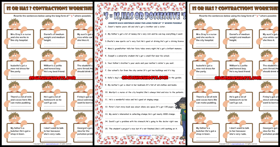 Contractions ESL Printable Worksheets and Exercises