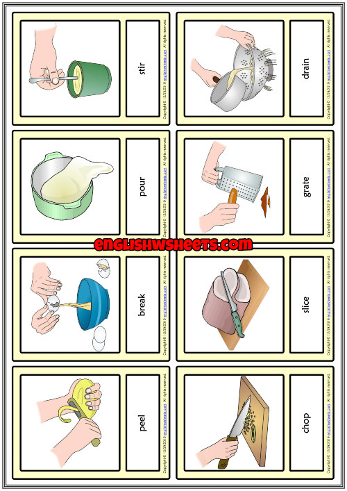 Cooking Verbs ESL Printable Vocabulary Learning Cards