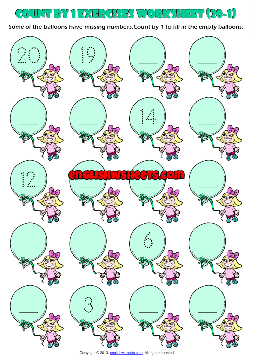 Counting Backwards By 1 From 20 To 1 Exercises Worksheet