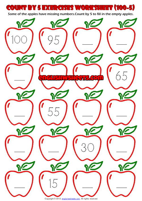Counting Backwards by 5 from 100 to 5 Exercise Worksheet