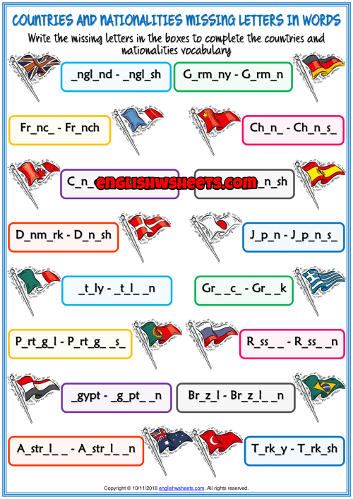 Countries and Nationalities Missing Letters In Words Worksheet