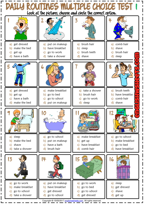 Daily Routines ESL Printable Multiple Choice Tests For Kids