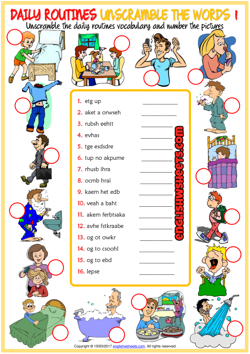 Daily Routines ESL Unscramble The Words Worksheets