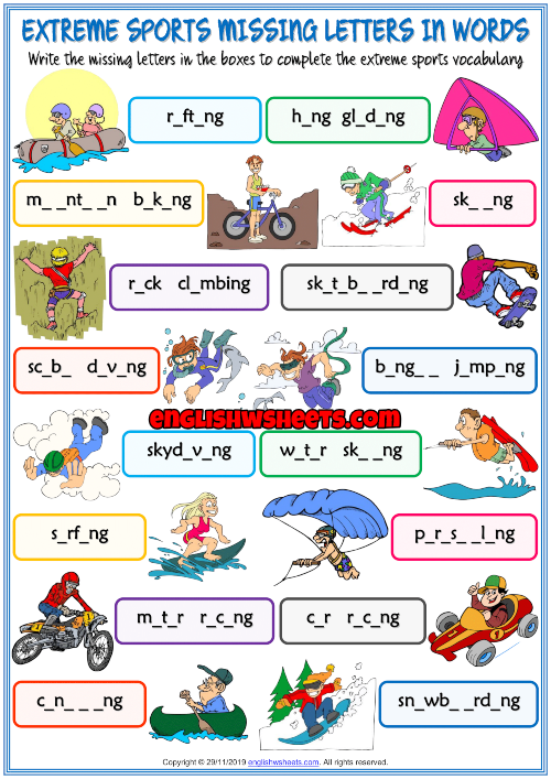 Extreme Sports Missing Letters In Words Exercise Worksheet