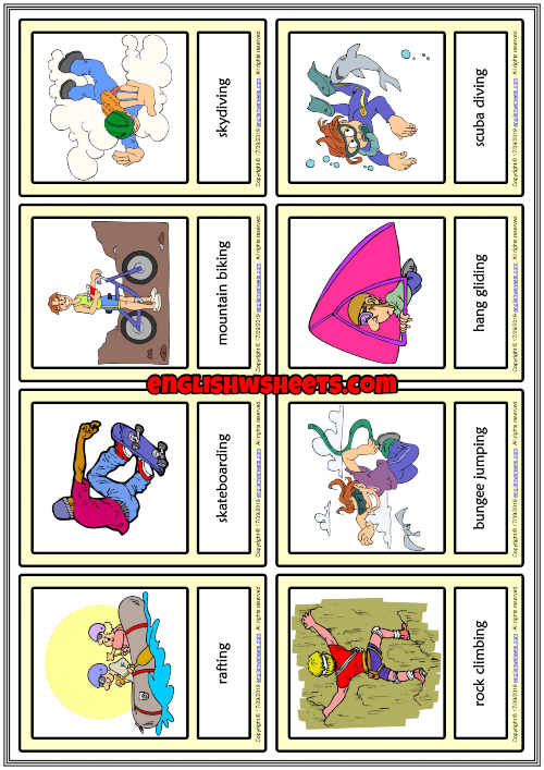Extreme Sports ESL Printable Vocabulary Learning Cards