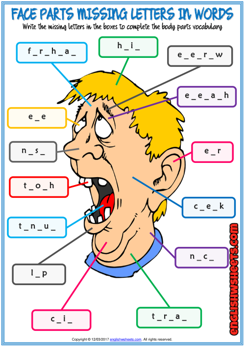 Face Parts Missing Letters In Words Exercise Worksheet