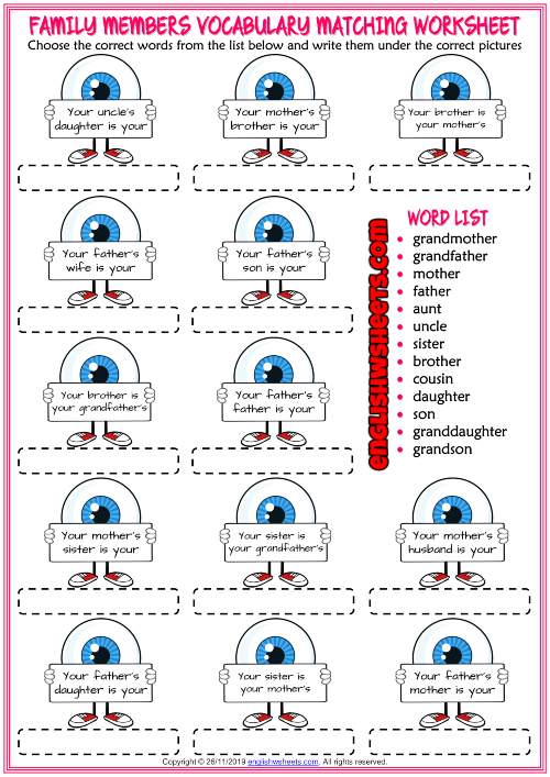 Family Members ESL Vocabulary Matching Exercise Worksheet