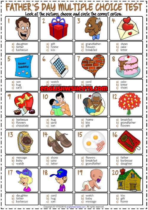 Father's Day ESL Printable Multiple Choice Test For Kids
