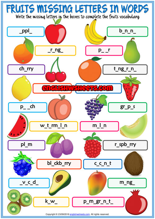 Fruits ESL Missing Letters In Words Exercise Worksheet Fruits ESL Missing Letters In Words Exercise Worksheet