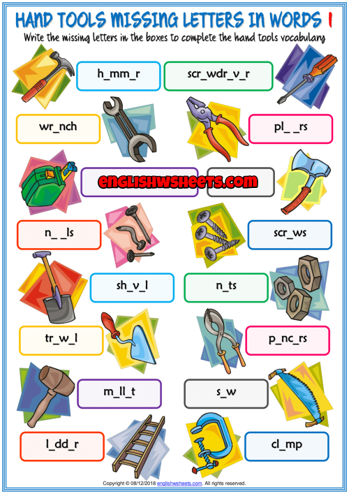 Hand Tools Missing Letters In Words Exercise Worksheets