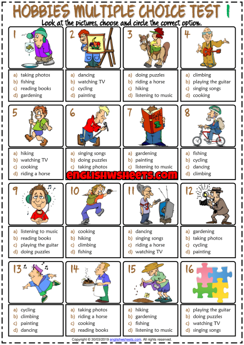 Hobbies ESL Printable Multiple Choice Tests For Kids Hobbies ESL Printable Multiple Choice Tests For Kids