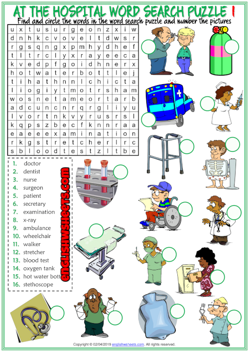 Hospital Vocabulary ESL Word Search Puzzle Worksheets