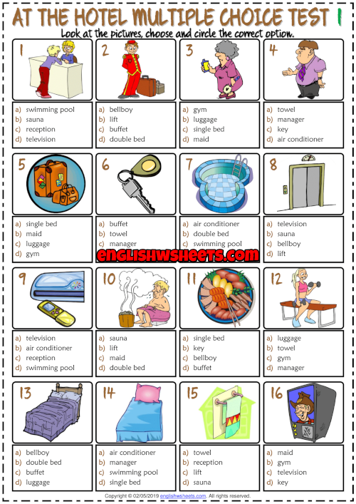 Hotel Vocabulary ESL Printable Multiple Choice Tests For Kids