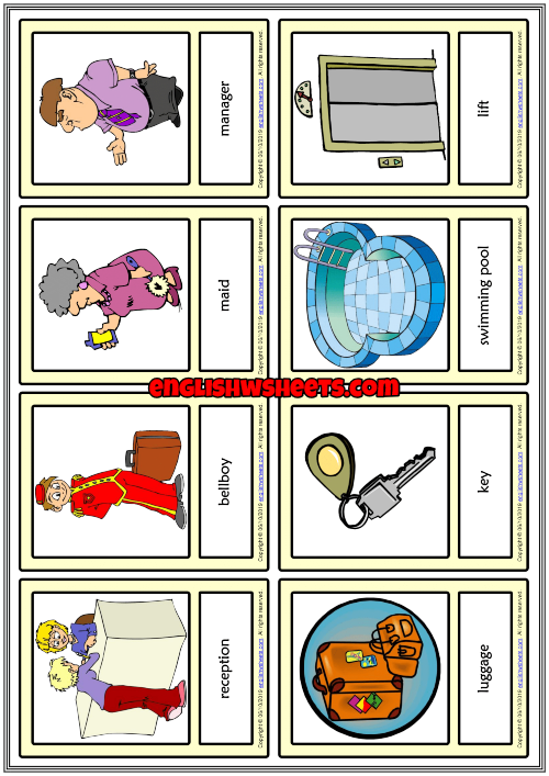 Hotel Vocabulary ESL Printable Learning Cards For Kids