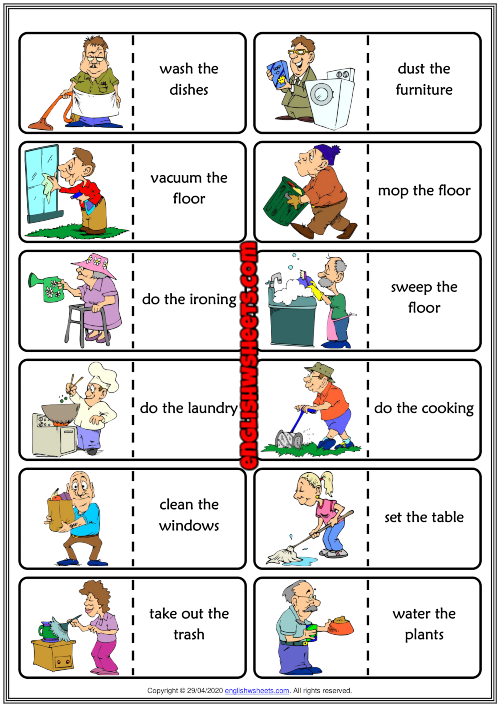 Household Chores ESL Printable Dominoes Game For Kids