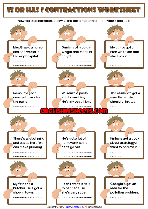 Is or Has ? Contractions ESL Grammar Exercise Worksheet