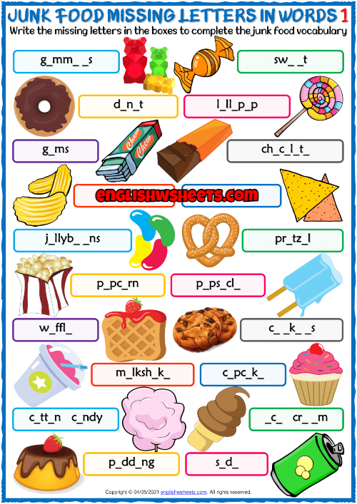 Junk Food ESL Missing Letters In Words Worksheets