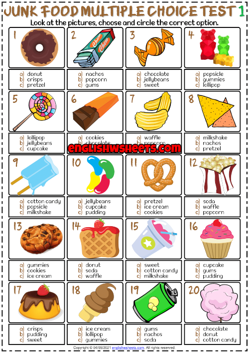 Junk Food ESL Printable Multiple Choice Tests